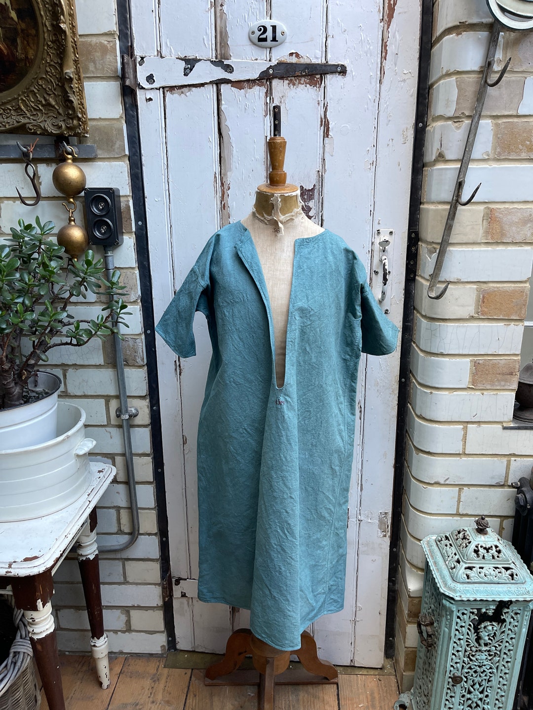 Antique Dutch Linen Metis Smock Dress: Sea Green Kaftan, Red Initials ...