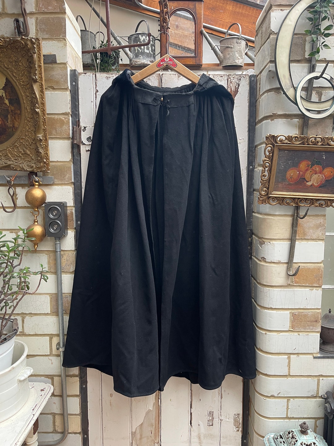 Antique French Handmade Long Black Wool Cape Cloak With Hood One Size ...