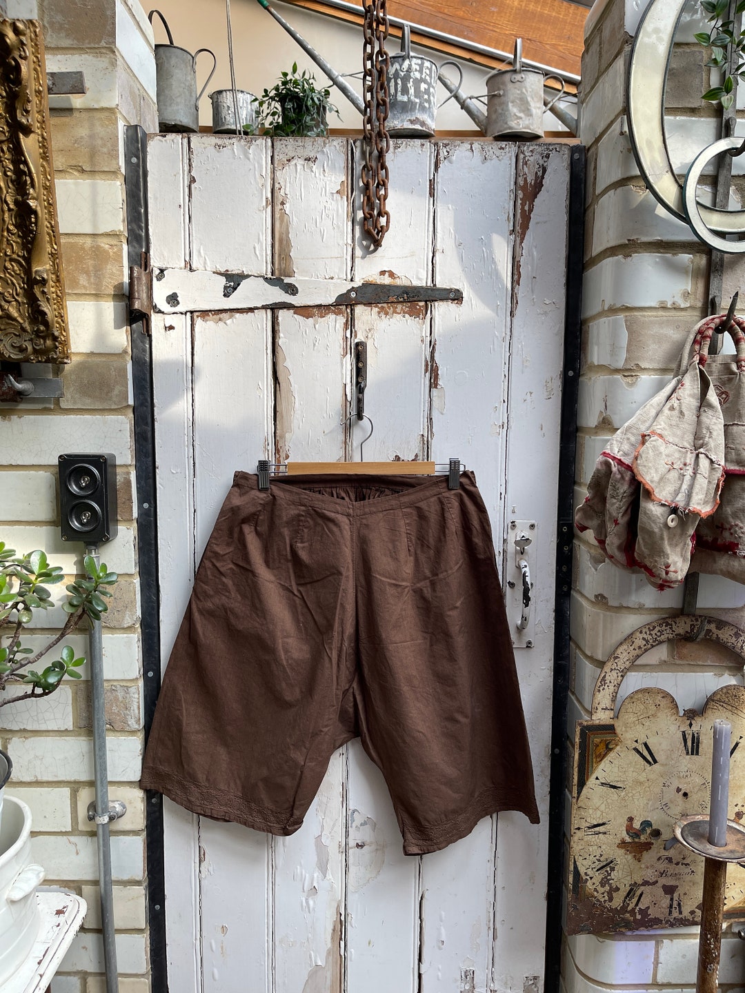 Antique French Nut Brown Cotton Lingerie Shorts With Lace Trim Size M ...