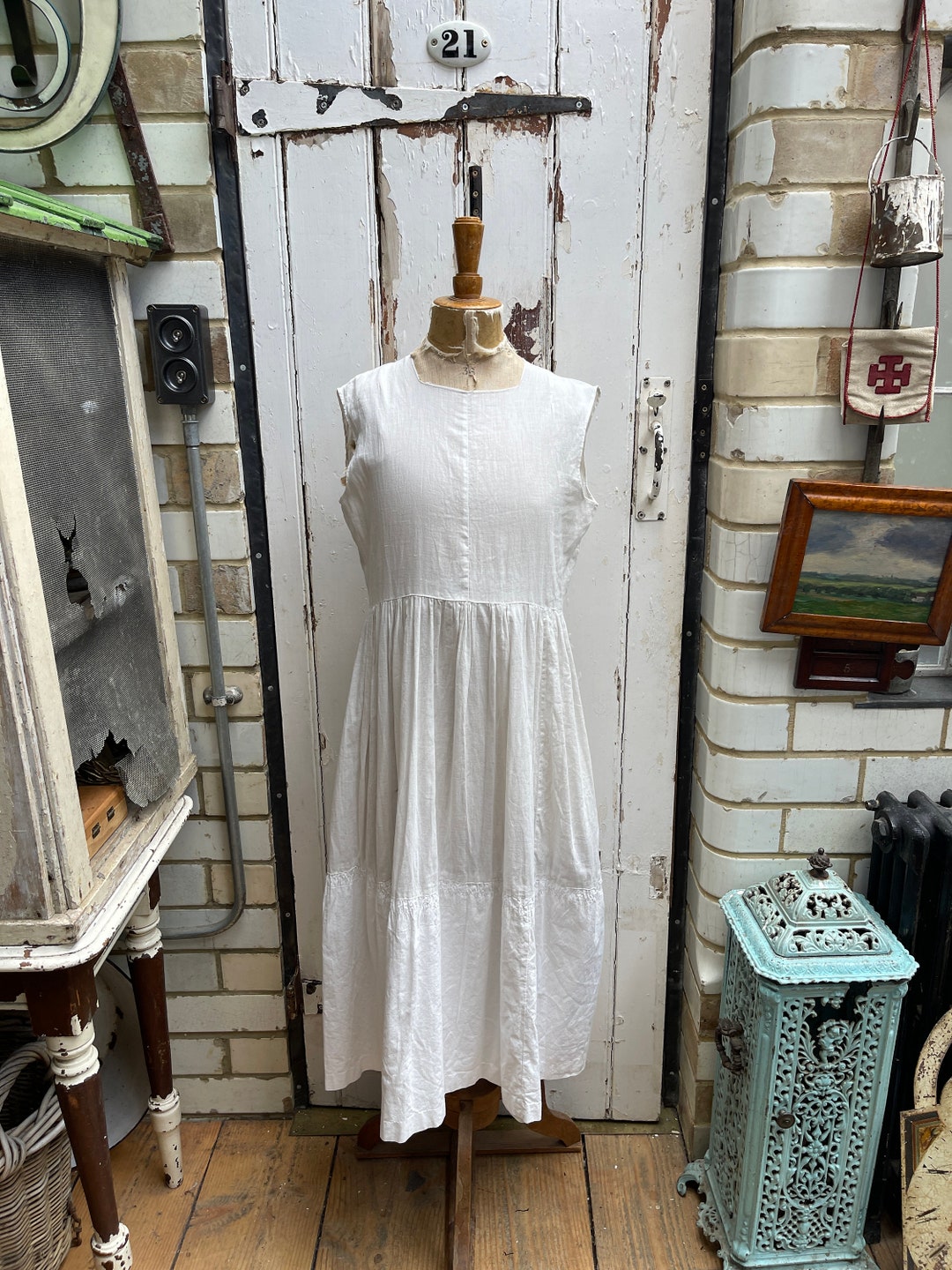 Antique Handmade Plain White Cotton Shift Dress With Double Layer Hem ...