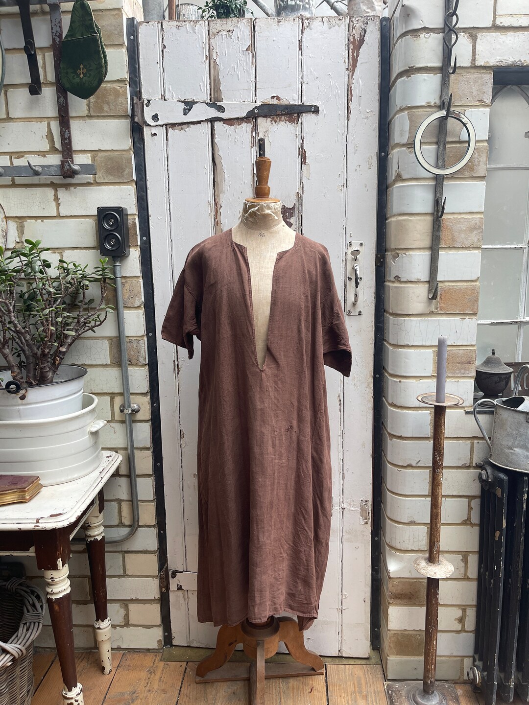 Antique Dutch Milk Chocolate Brown Linen Shift Dress Smock Tunic Size M ...