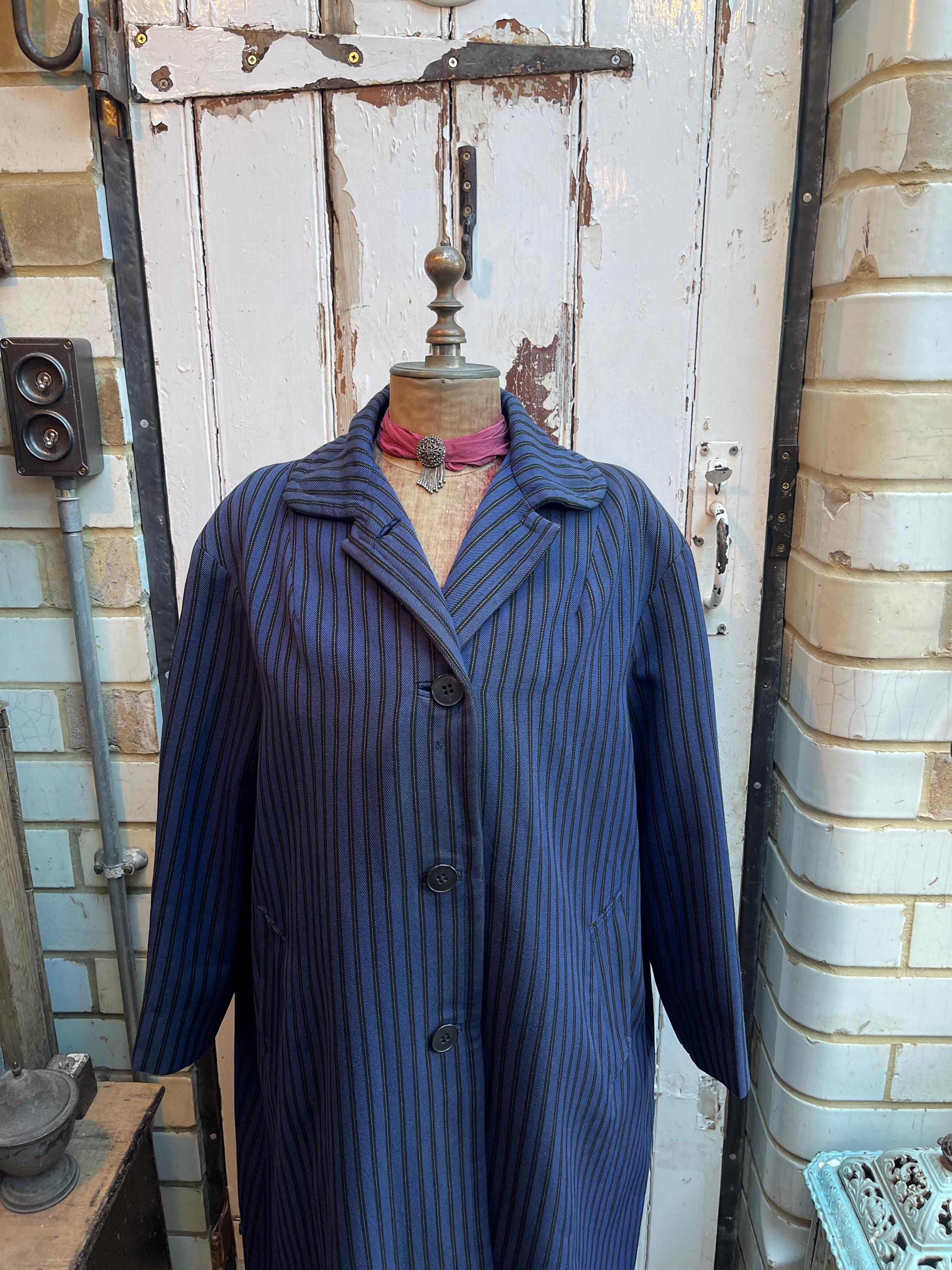 Antique Vintage French Blue Black Striped Wool Coat Overcoat Size L - Etsy