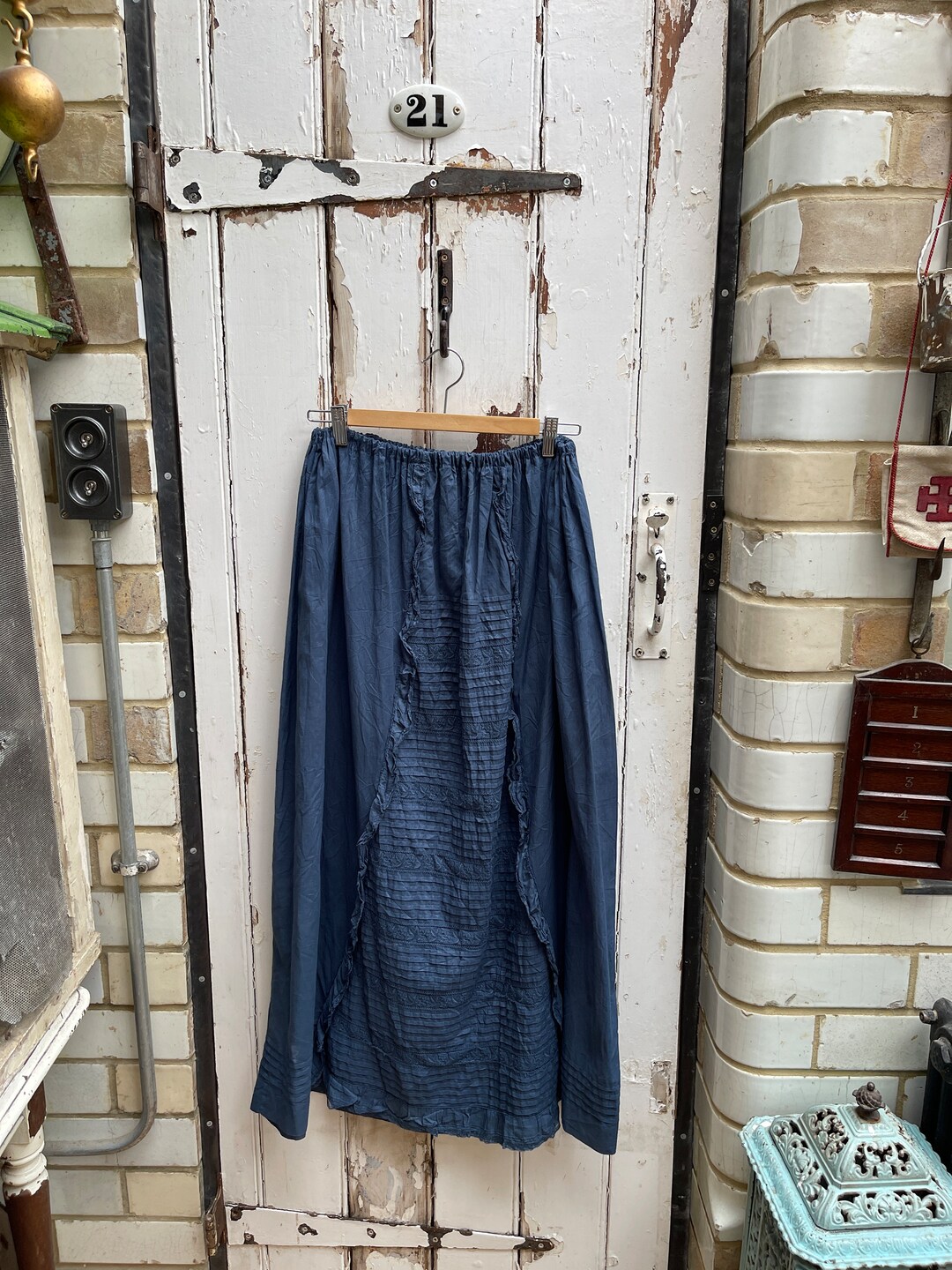 Antique French Handmade Long Blue Cotton Skirt Size With Tiered Lace ...