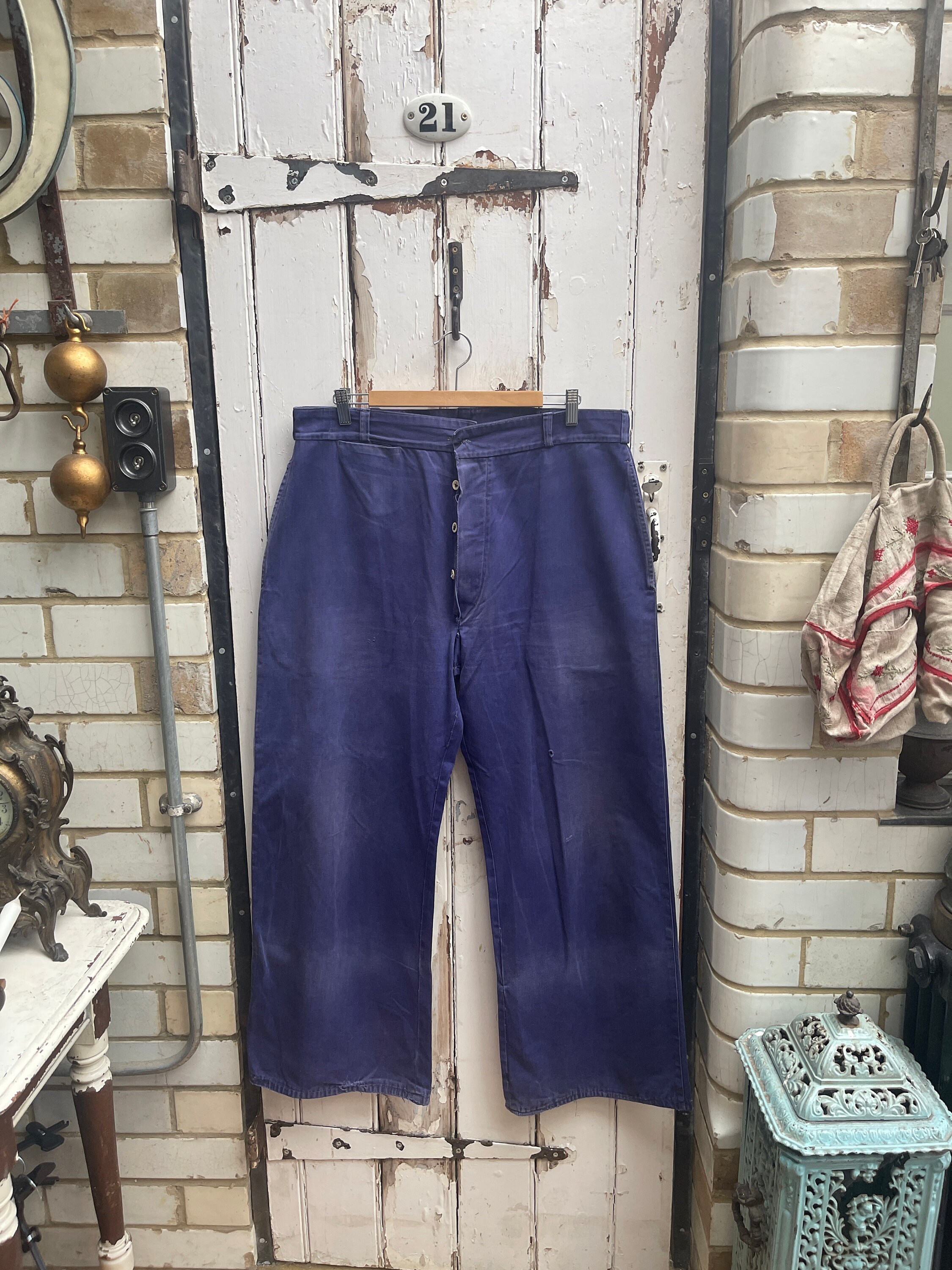 Antique Vintage French Indigo Blue Cotton Workwear Chores Trousers Size ...