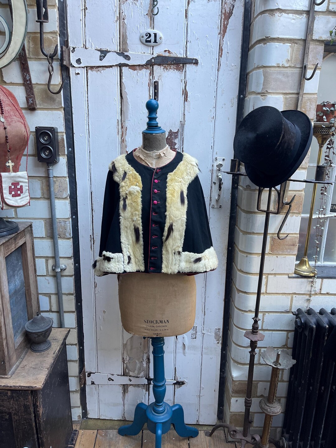 Antique French Black Wool Silk Cape With Fur Trim Small Hood and Red ...