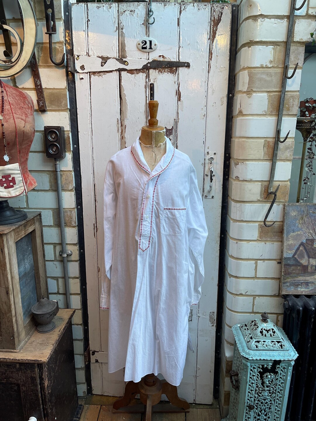 Antique French White Cotton Shirt Nightshirt Blouse Chemise With Red ...
