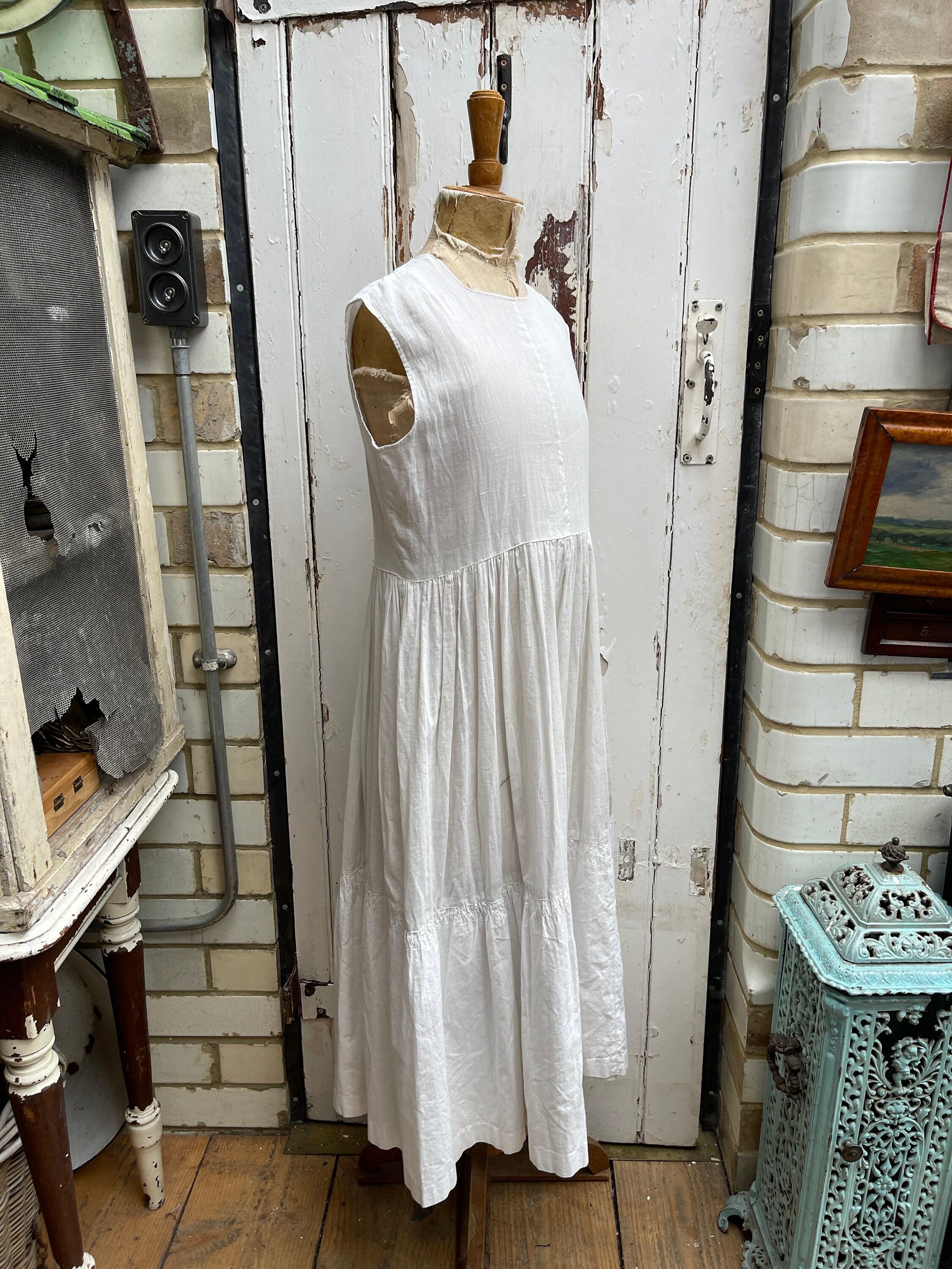 Antique Handmade Plain White Cotton Shift Dress With Double Layer Hem ...