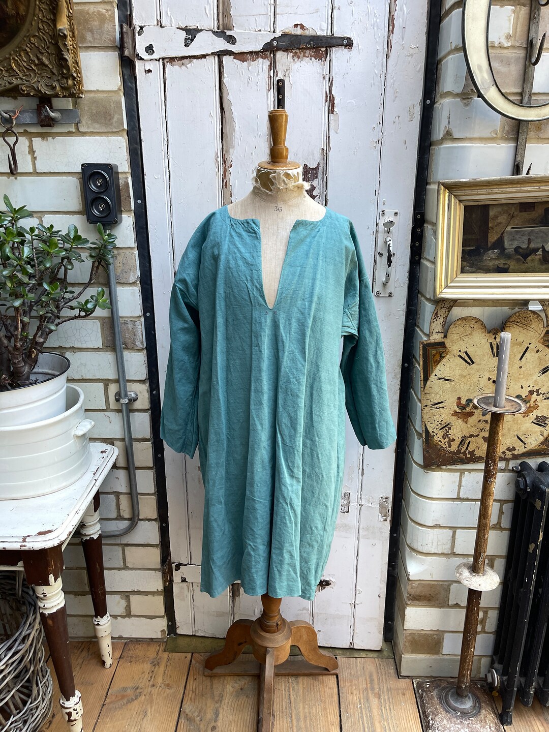 Antique French Sea Green Linen Smock Dress Initials AM Size M/L - Etsy