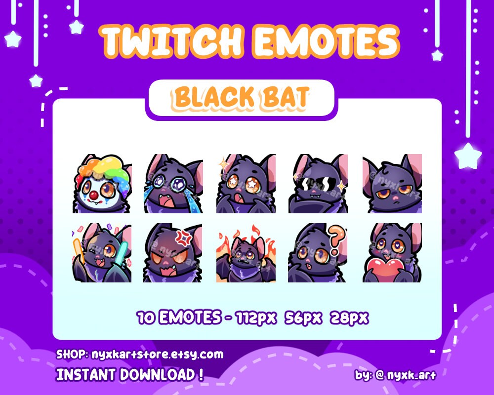 BLACK BAT EMOTES for Twitch Discord Youtube Cute Emotes Black Bat 10 ...