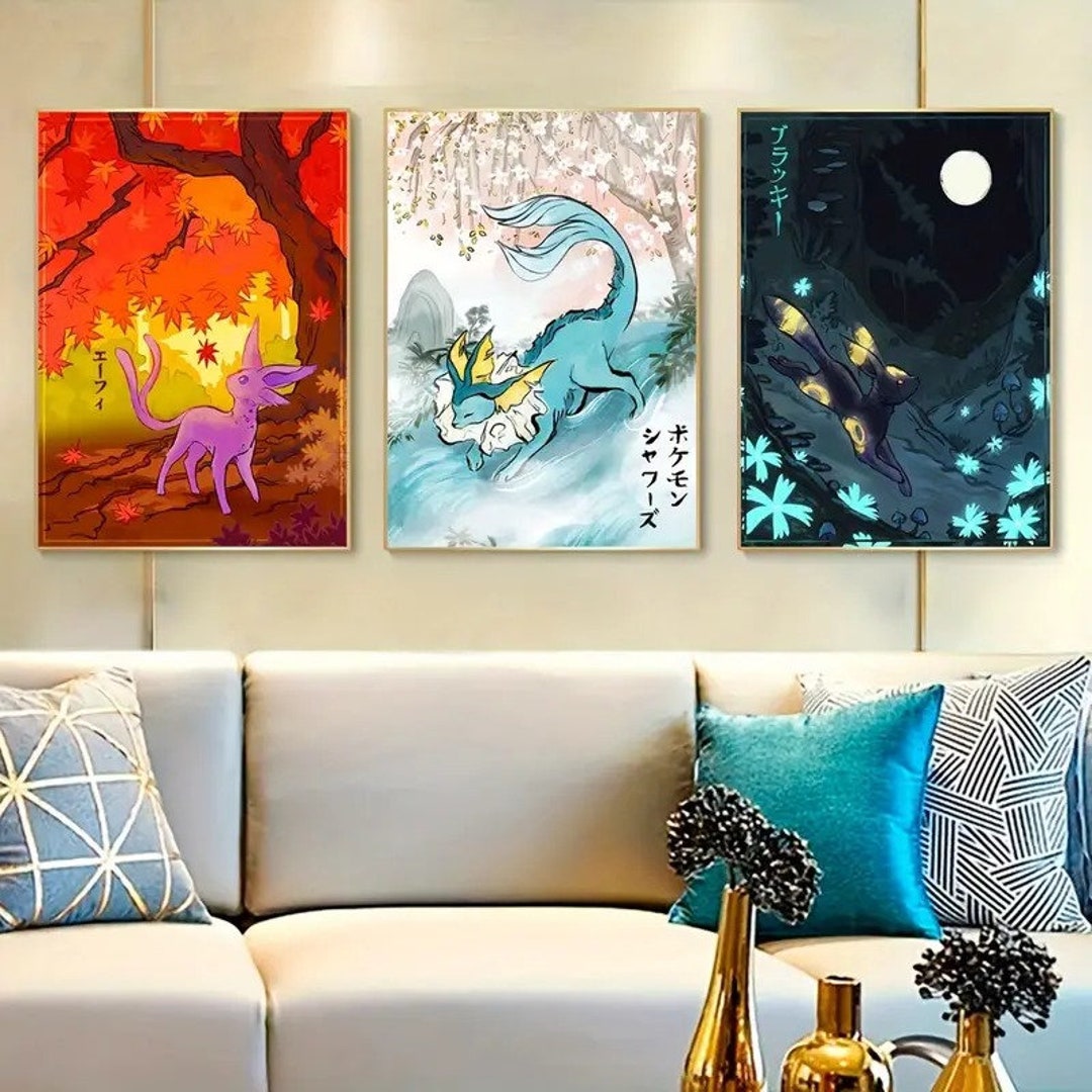 Pokemon Eevee Evolutions Espeon Vaporeon Umbreon Three 3 Piece Painting ...