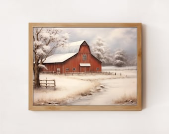 Winter Barn Scene Watercolor Style Art Rustic Farmhouse Decor Snowy ...
