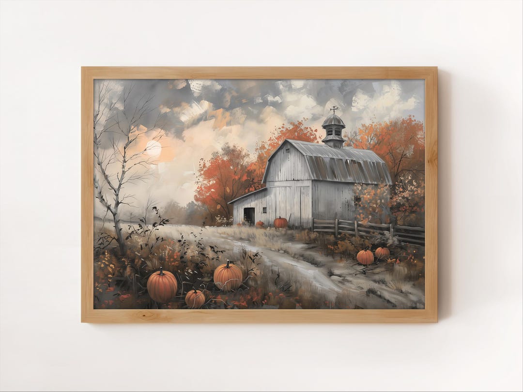 Fall Barn Landscape Painting: Moody Pumpkin Farm Art (digital Print) - Etsy