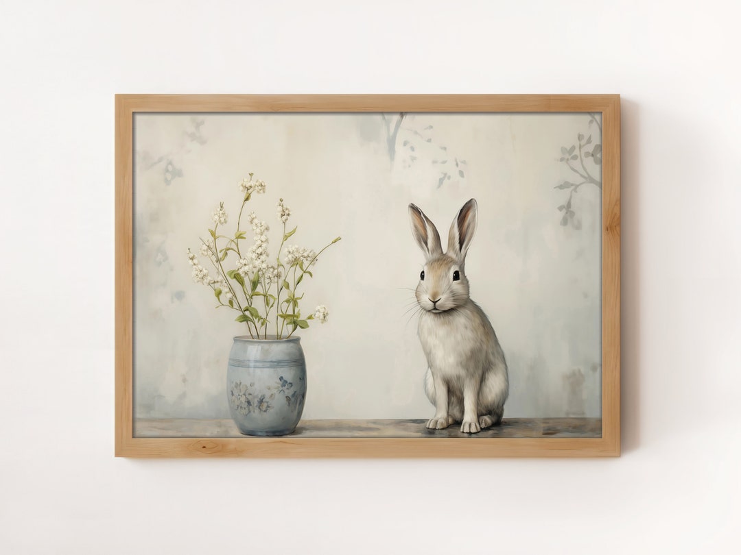 Cottagecore Rabbit Print: Floral Vase, Spring Nature Artwork (digital ...