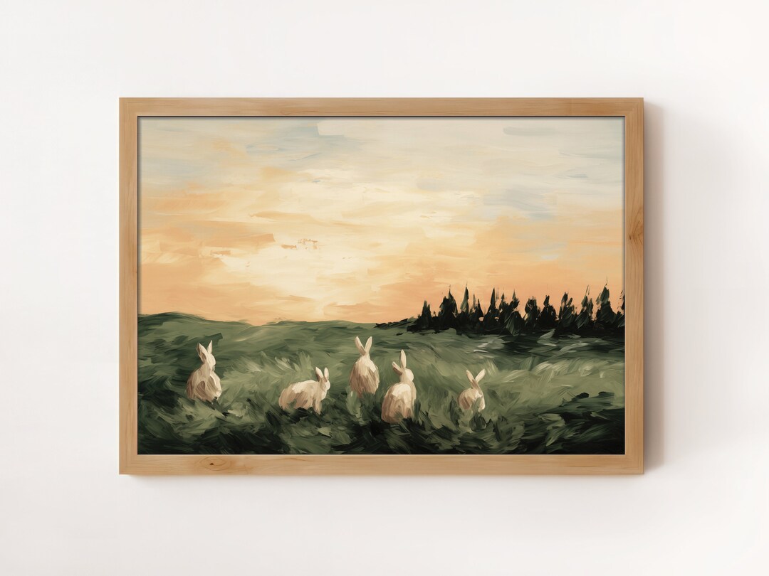 Rabbits Landscape Art Print: Farmhouse Country Field (digital Download ...