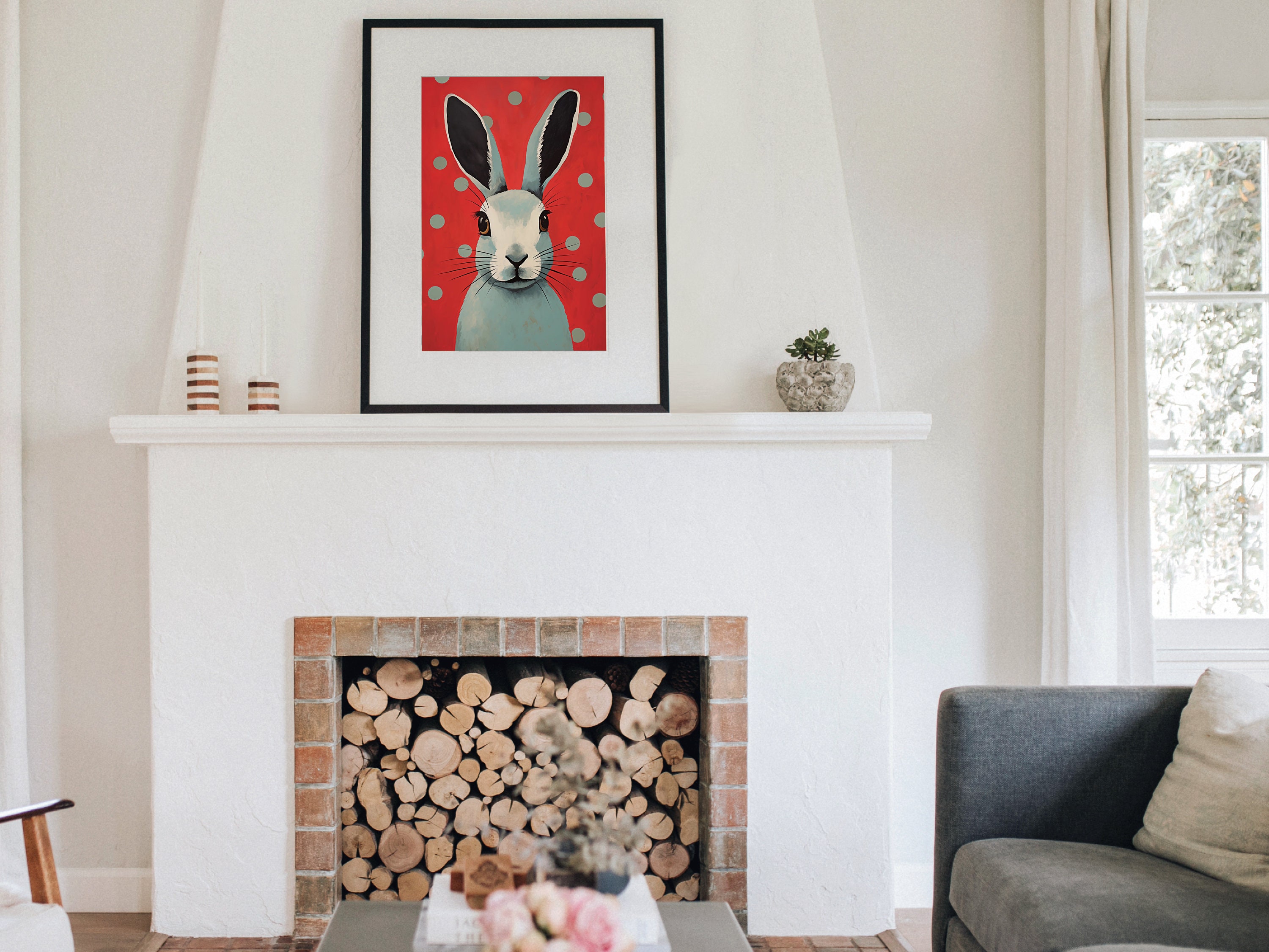 Whimsical Rabbit Portrait Print: Funky Polka Dot Art (digital Download ...
