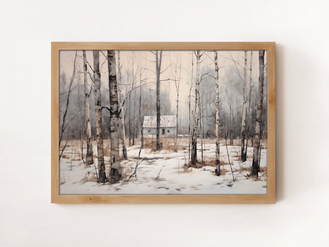 Winter Cabin Landscape Art Print: Snowy Woods Painting (digital ...