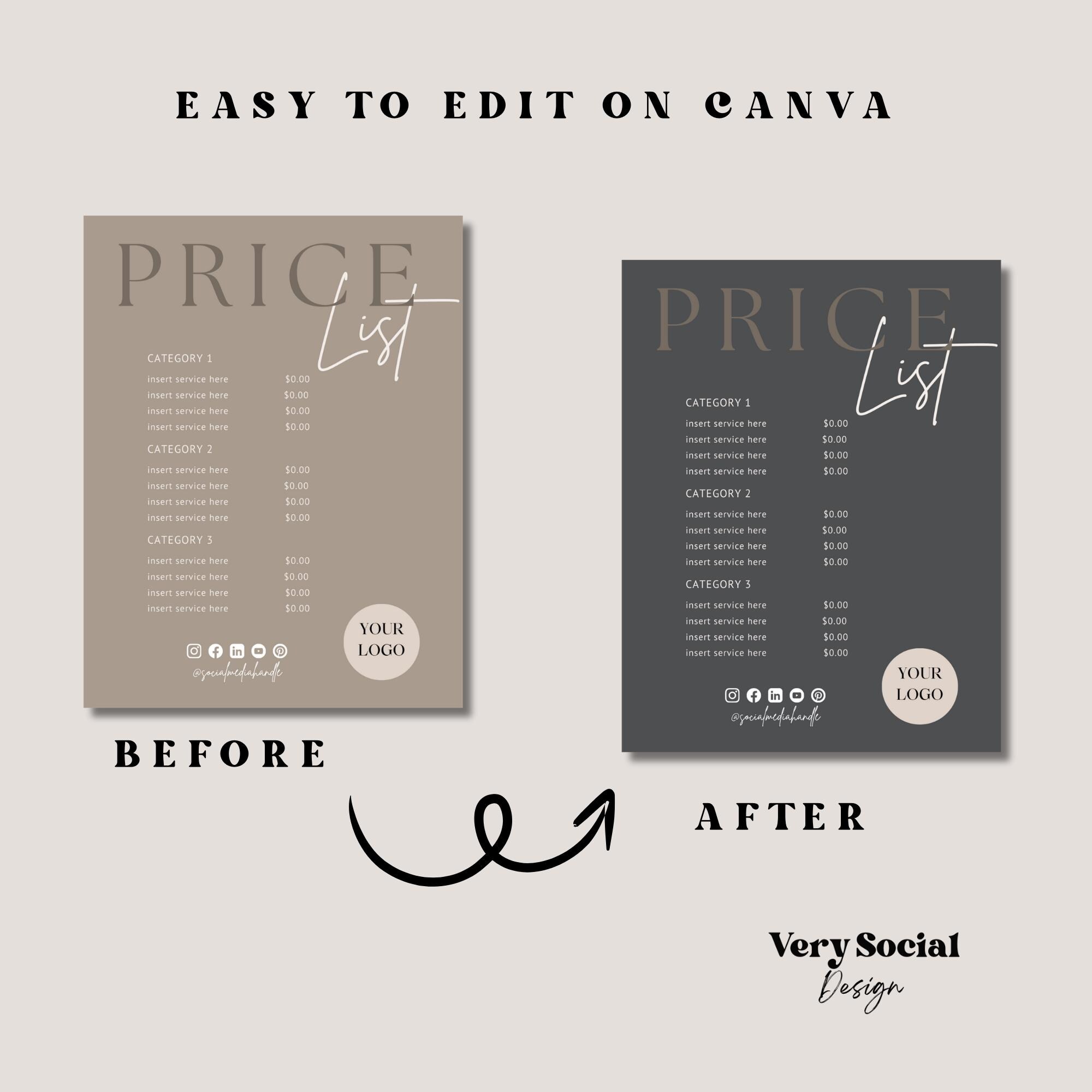 Lux Price List Template | Minimalist Service Sheet | Printable Business ...