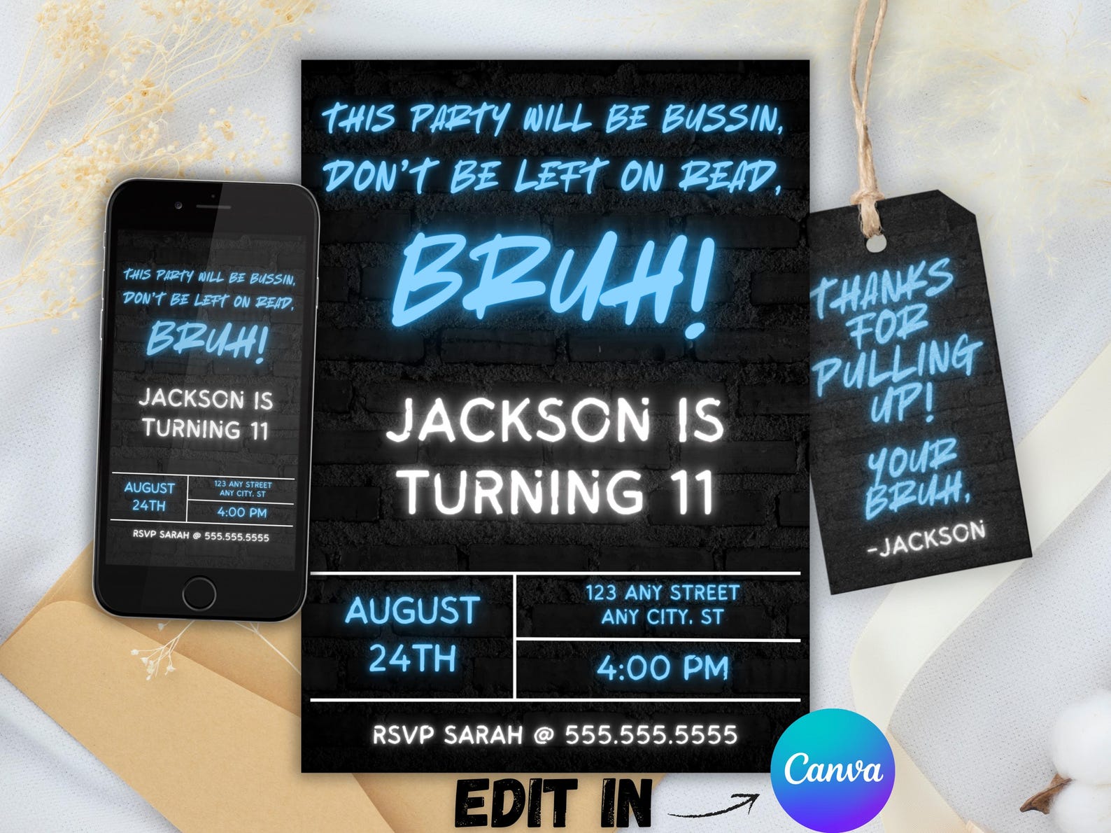 Bruh Birthday Invitation Template, Neon Party, Teen Boys, Canva - Etsy