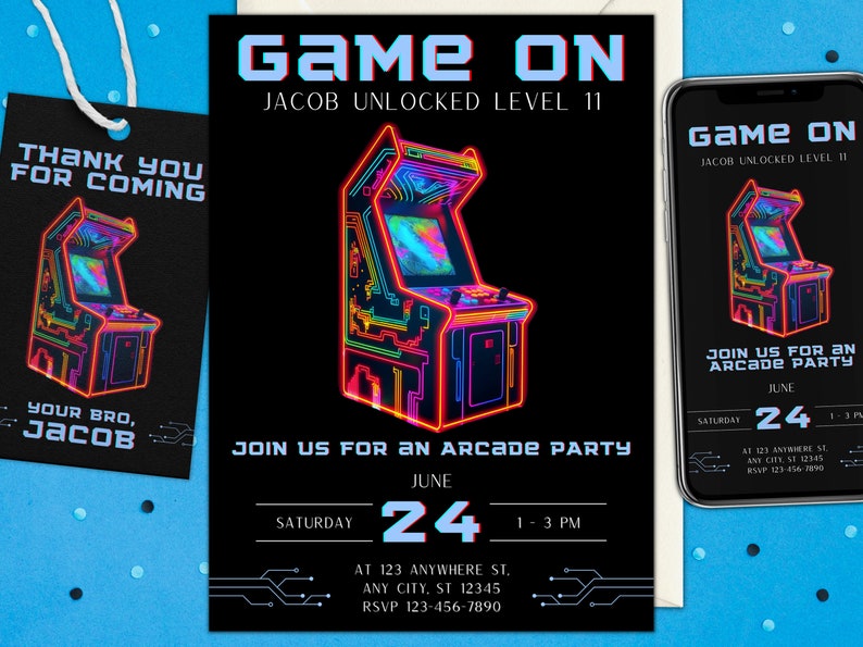 Neon Arcade Birthday Party Invitation: Minimalist Game Theme (digital ...