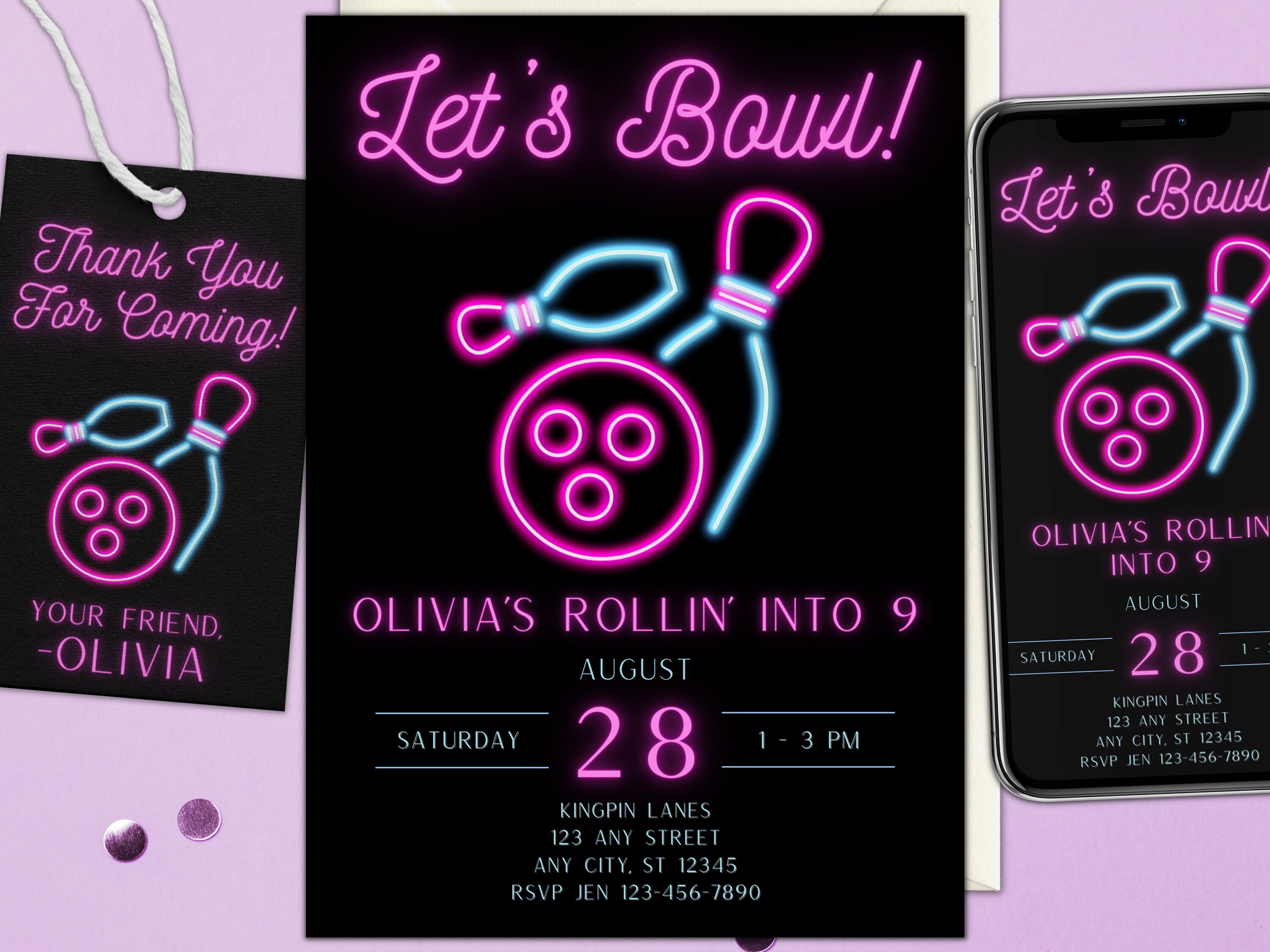 Minimalist Bowling Birthday Invitation Editable Bowling Invitation Girl ...