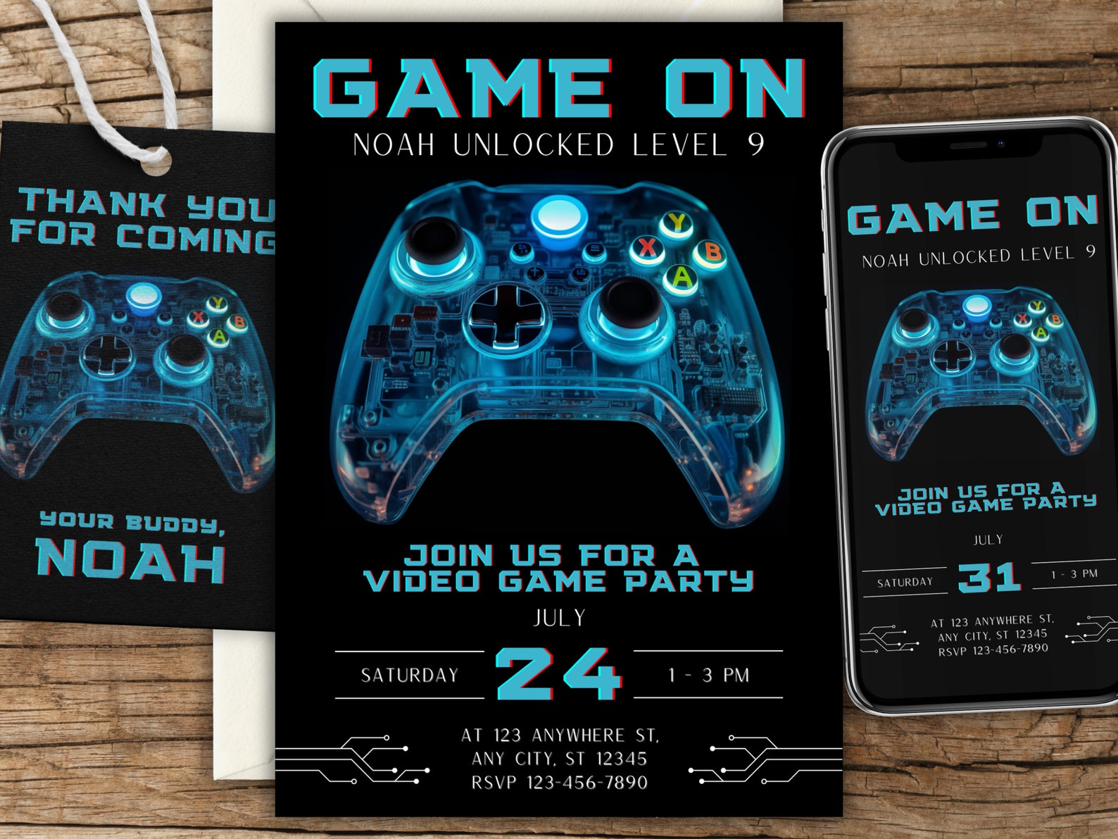 Video Game Party Invitation Set: Neon Controller, Editable Template ...