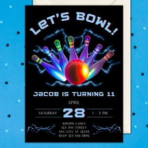 Neon Bowling Birthday Invitation: Minimalist Glow Party (printable ...