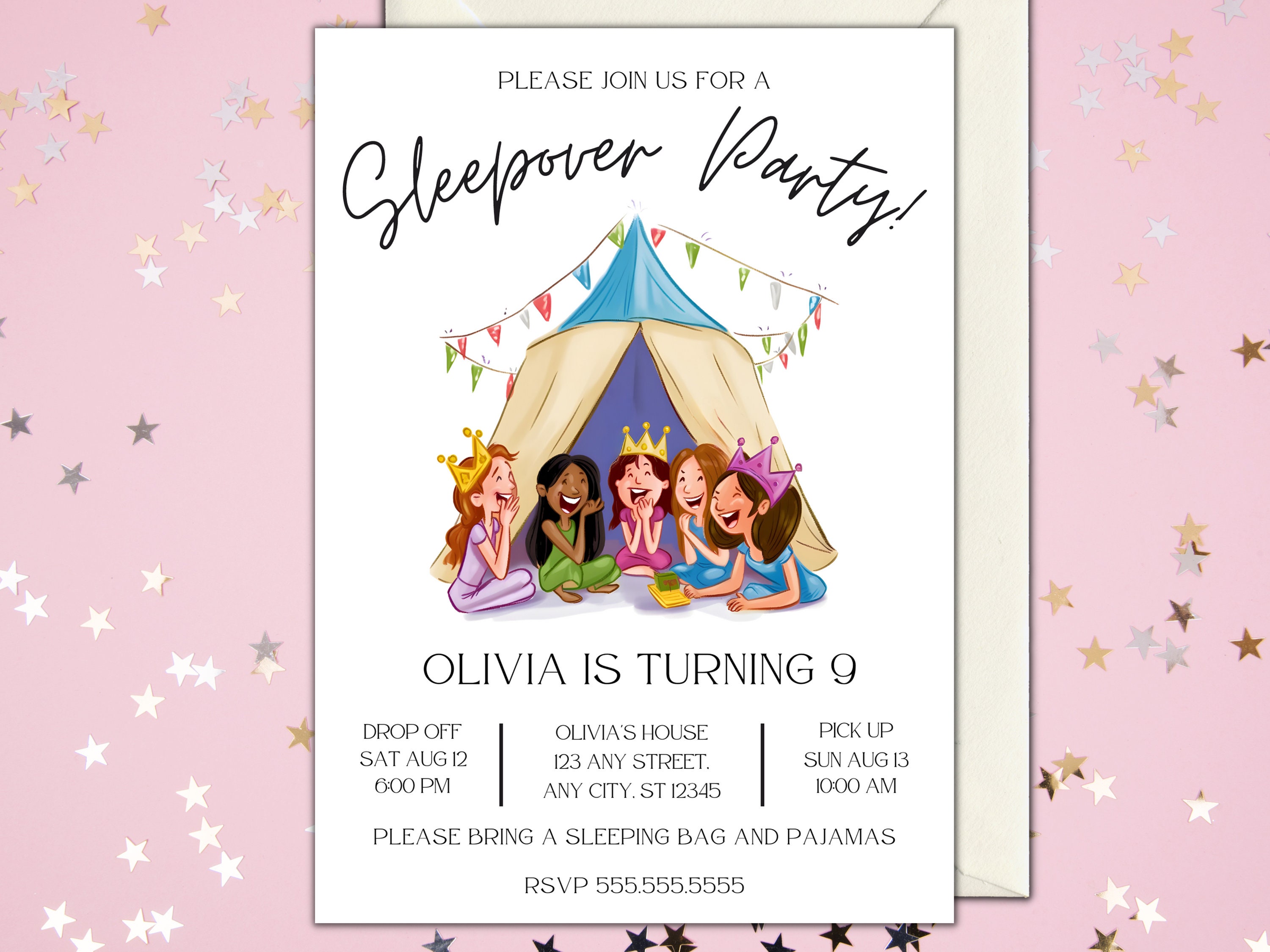 Sleepover Birthday Minimalist Invitation Set Slumber Party Invite Girl ...