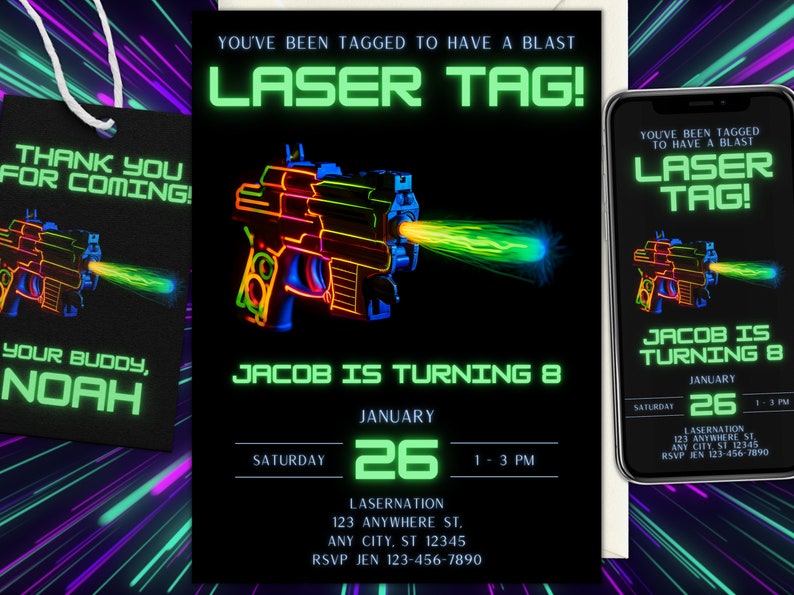 Laser Tag Birthday Invitation Template Laser Tag Invitation Neon Glow ...