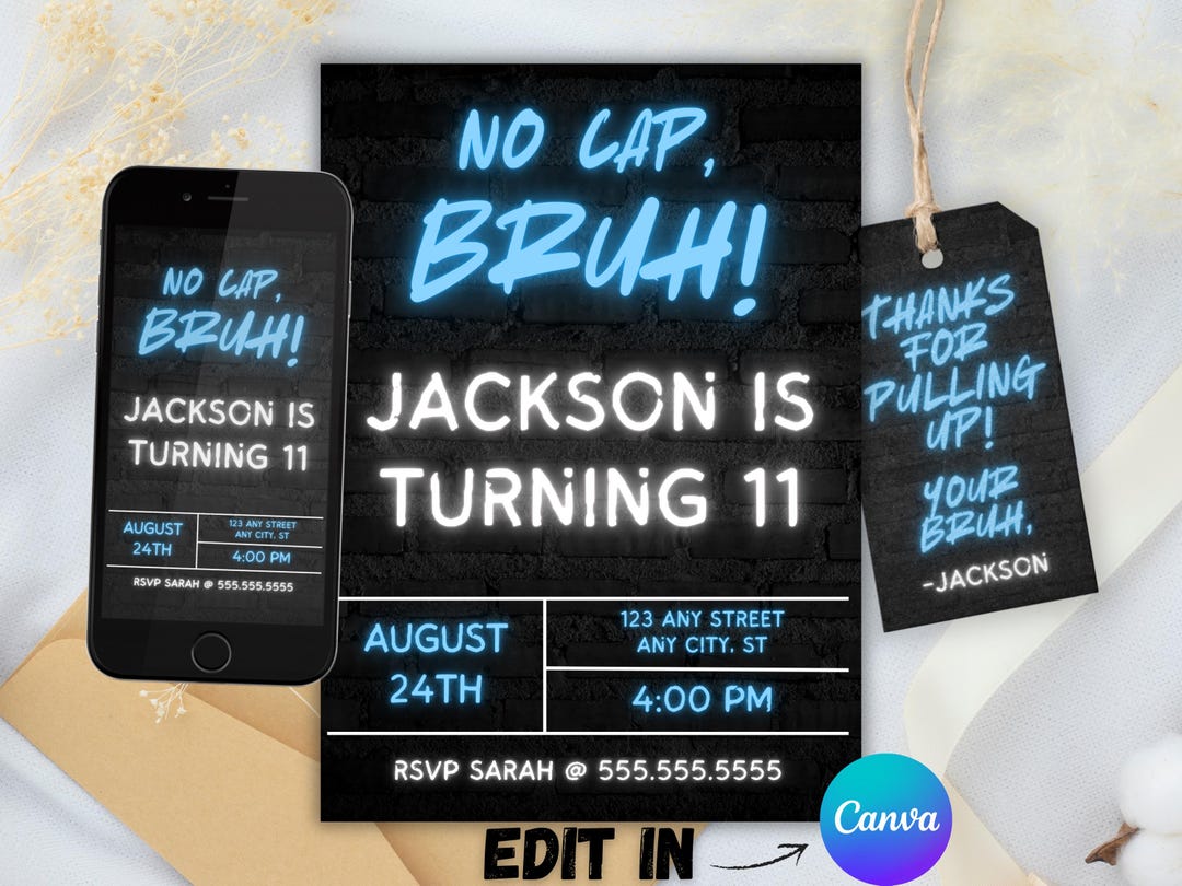 Bruh Birthday Invitation Template, No Cap Bruh Neon Invitation, Bruh ...