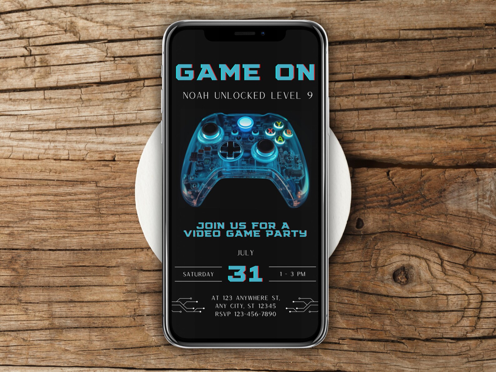 Video Game Party Invitation Set: Neon Controller, Editable Template ...