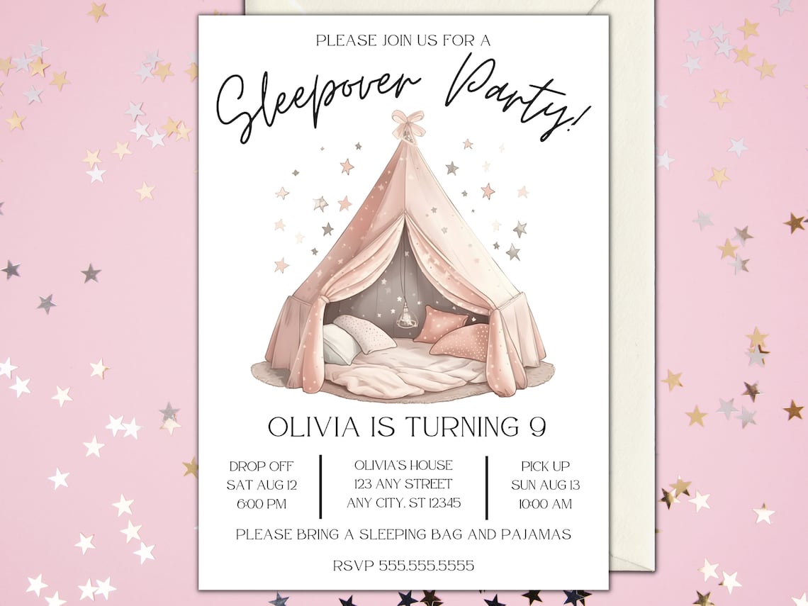 Sleepover Birthday Minimalist Invitation Set Slumber Party Invite Girl ...
