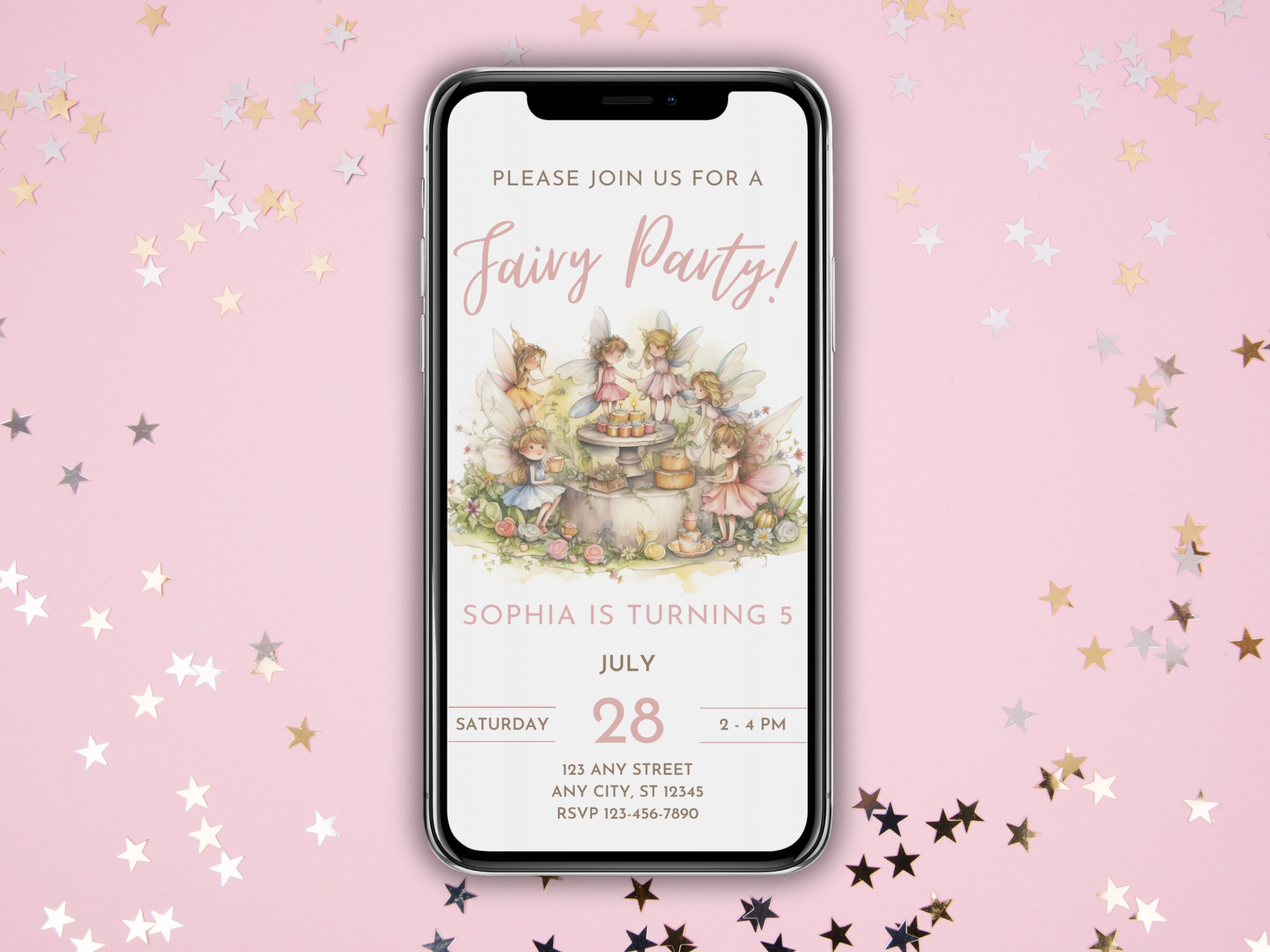 Editable Fairy Birthday Invitation Minimalist Enchanted Pixie Party Magical Floral Fairy ...