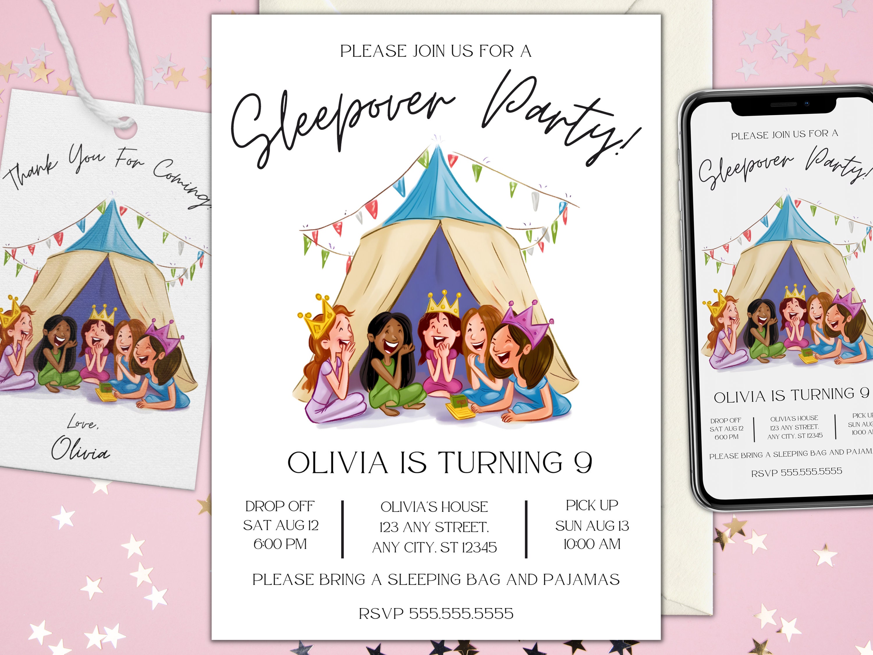 Sleepover Birthday Minimalist Invitation Set Slumber Party Invite Girl ...