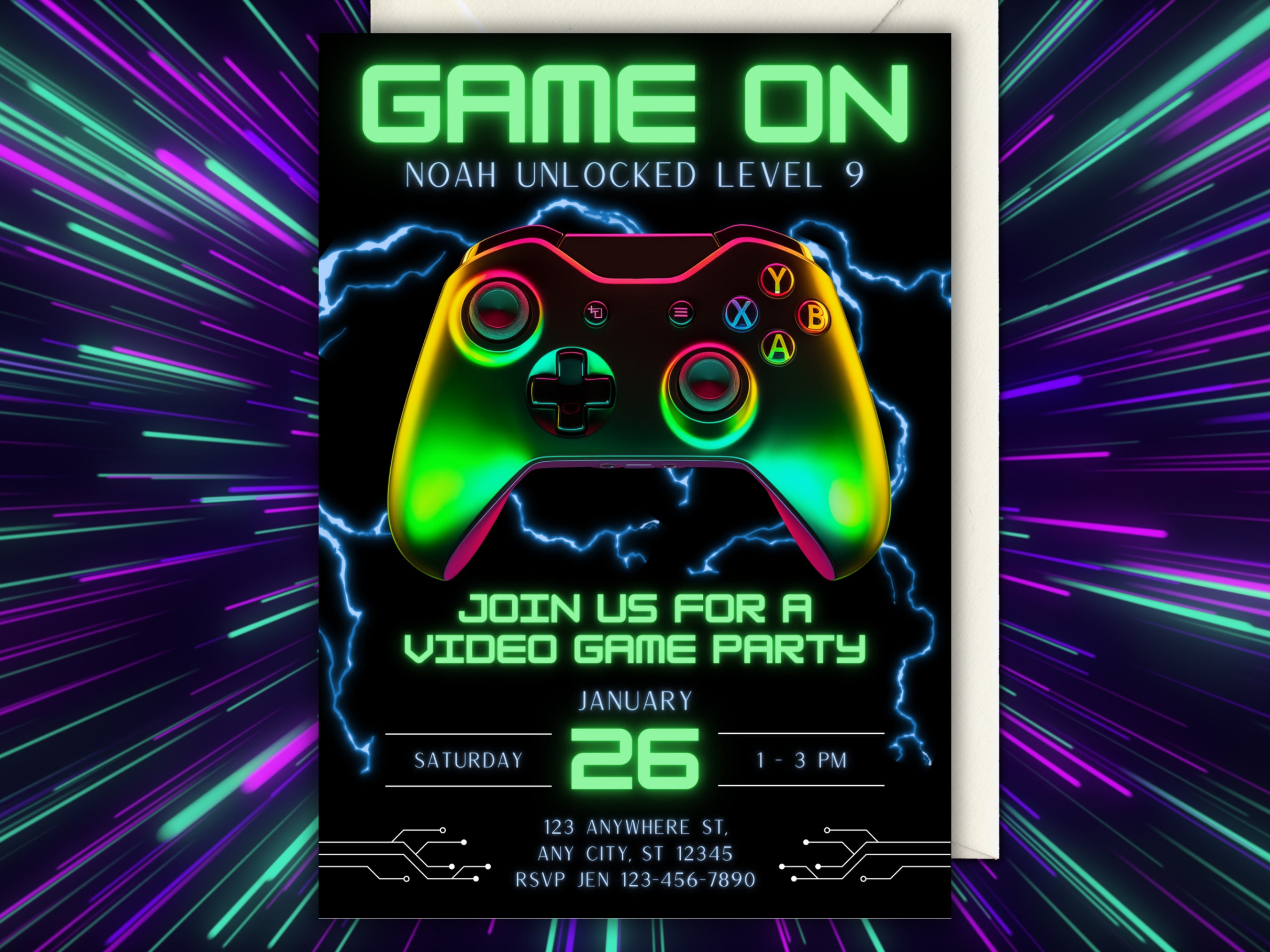 Neon Video Game Birthday Invitation Template: Editable Gamer Party ...