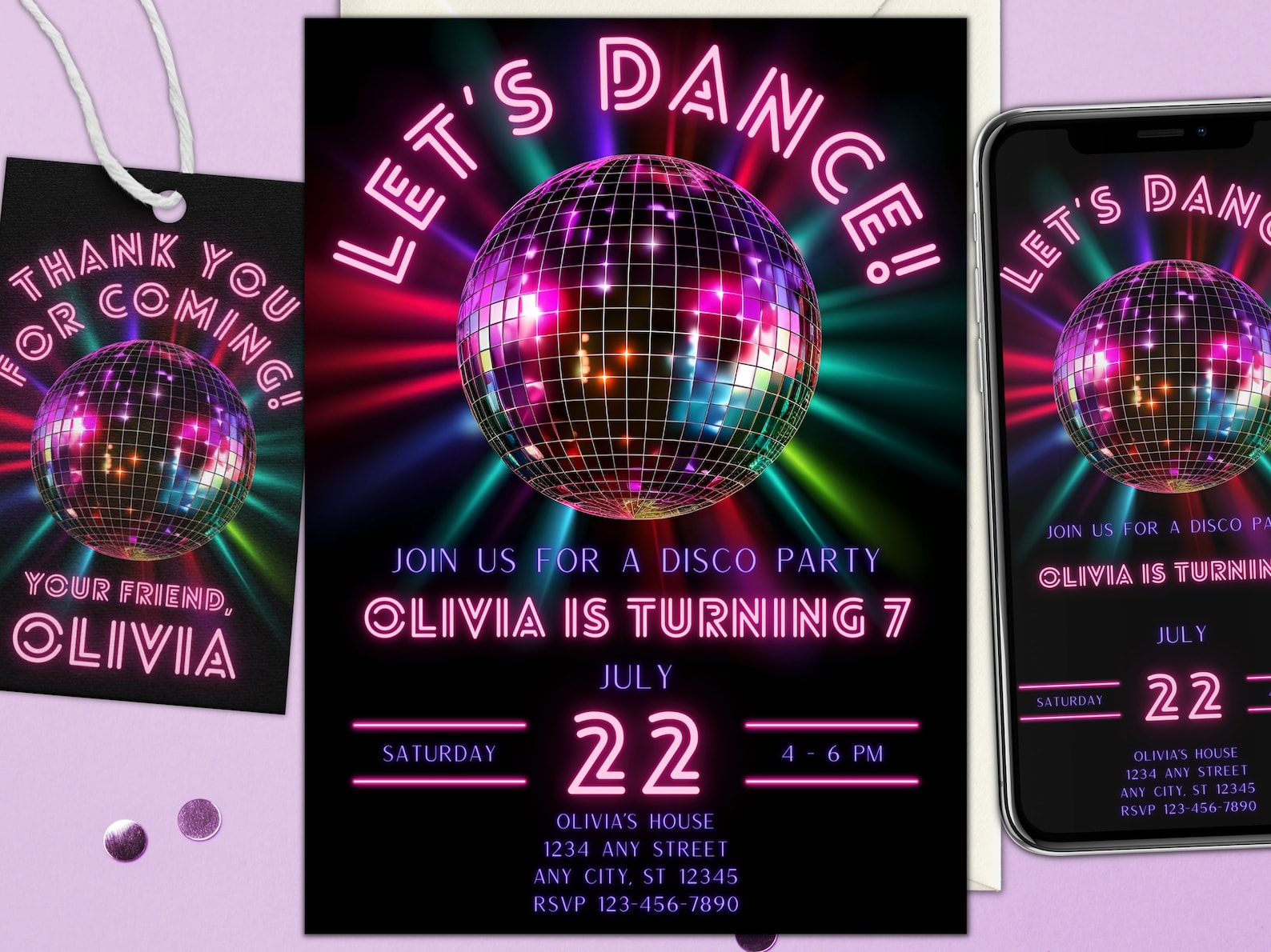 Editable Disco Party Invitation Minimalist Personalized Invitation Neon ...