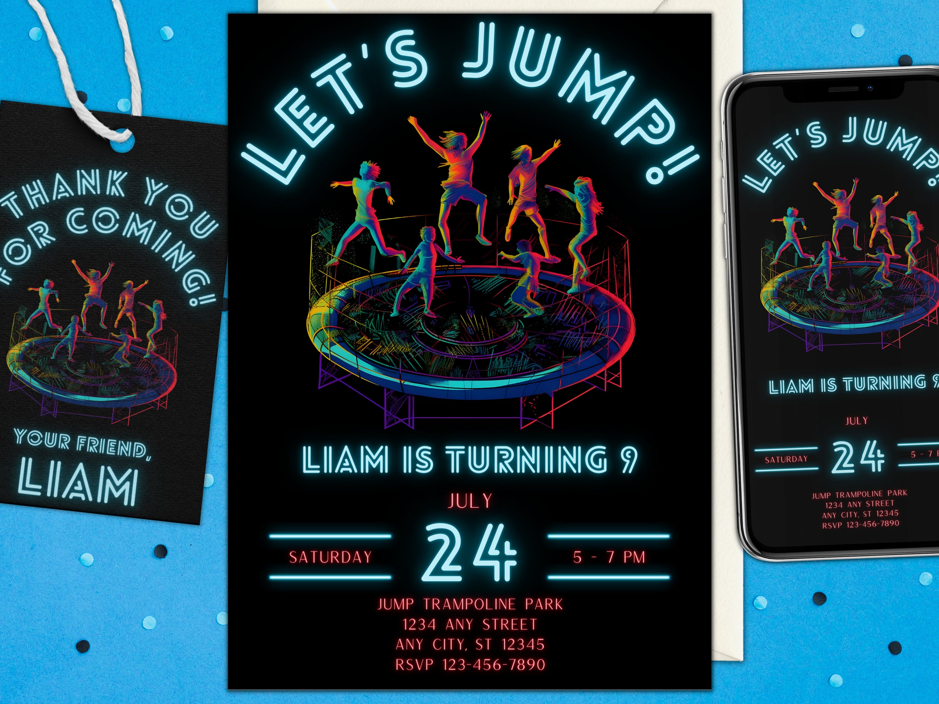 Editable Trampoline Park Birthday Invitation Minimalist Boy Trampoline ...