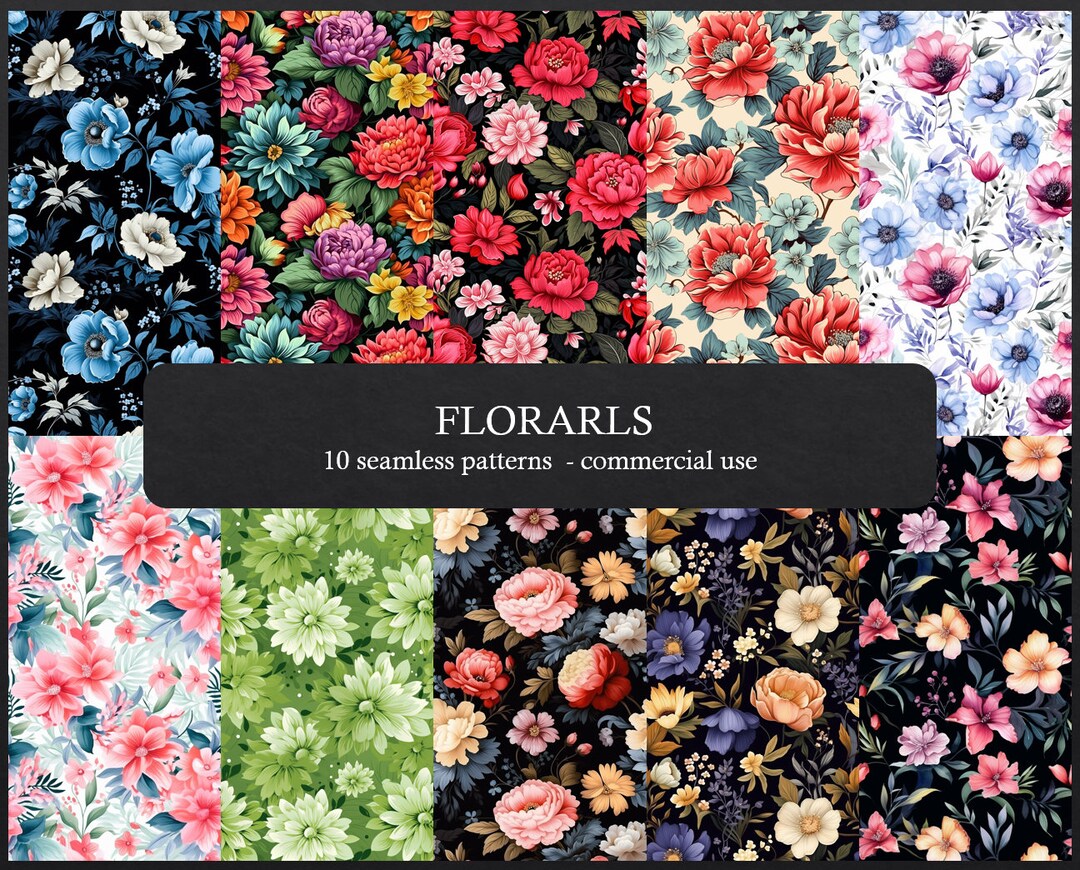 10 Seamless Patterns Florals, Digital Paper, Repeating Patterns ...