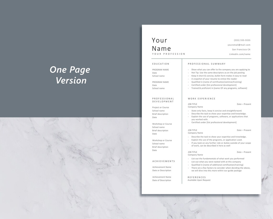 Modern Resume Template for Word, Docs, 1 Page Resume, Cover Letter ...