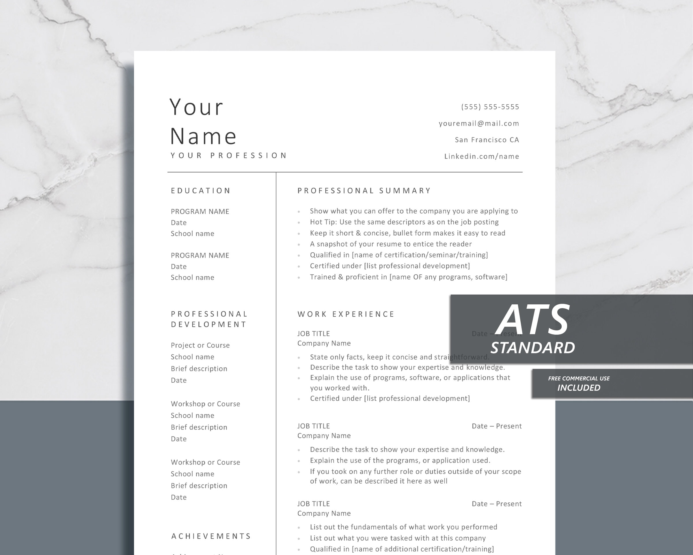 Modern Resume Template for Word, Docs, 1 Page Resume, Cover Letter ...