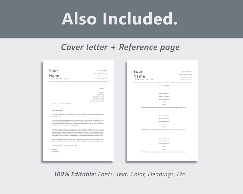 Modern Resume Template for Word, Docs, 1 Page Resume, Cover Letter ...