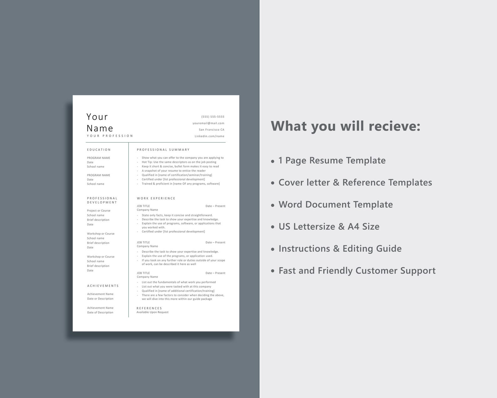 Modern Resume Template for Word, Docs, 1 Page Resume, Cover Letter ...