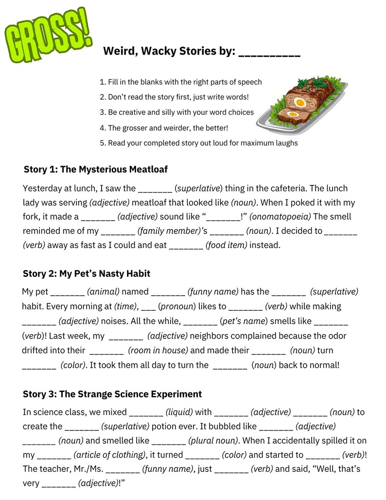18 Weird Gross Fill-in-the-blank Stories for Middle School, PDF ...