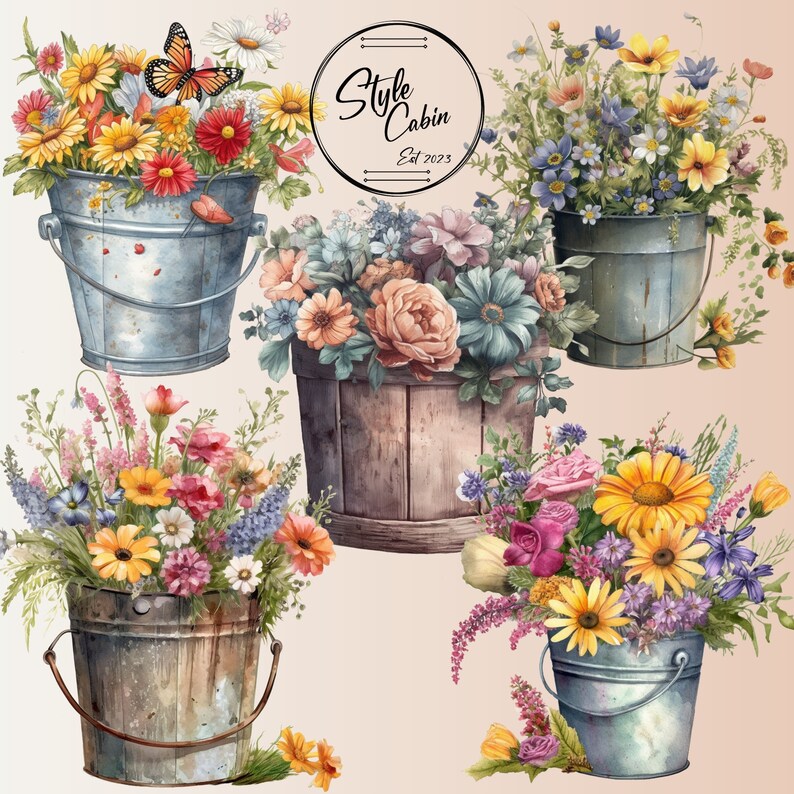 Watercolor Flower Bucket Clipart - Spring Flowers, Floral PNG Format ...