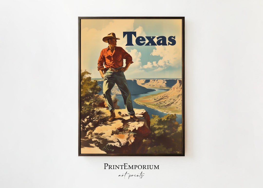Vintage Texas Cowboy Poster, Classic Western Decor, Desert Landscape ...