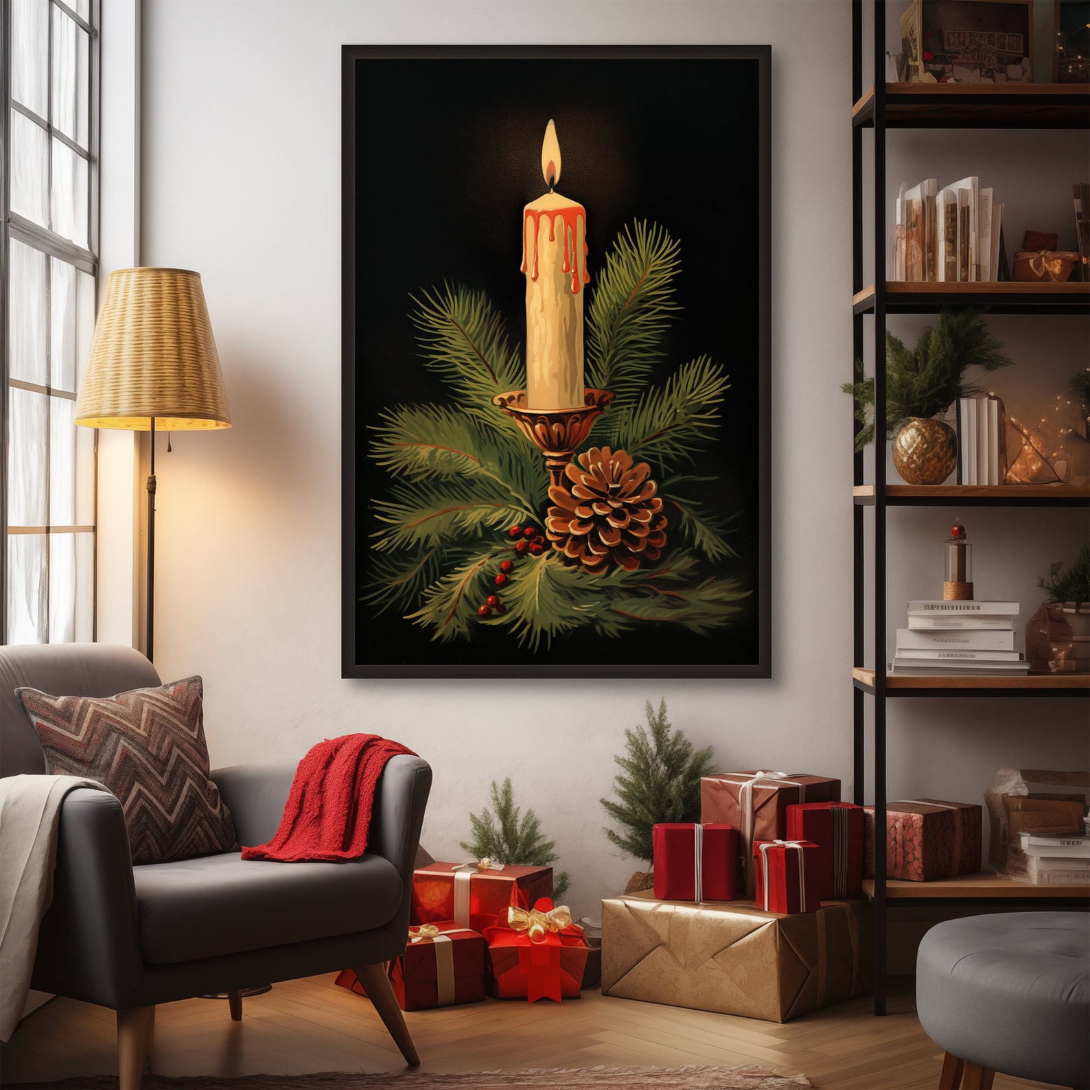 Christmas Wall Decor Printable Christmas Candle Painting, Holly Xmas ...
