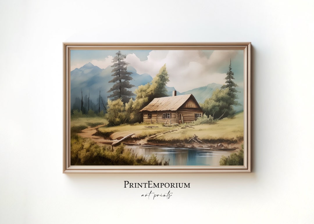 Rustic Cabin Landscape Painting, Vintage Art, Traditional Wall Art ...