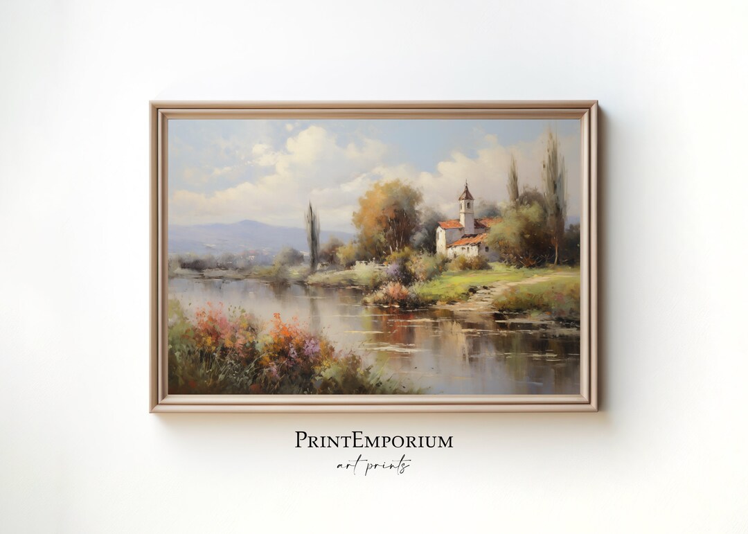 Vintage European Countryside Wall Art | Rustic Italian Lakeside Print ...