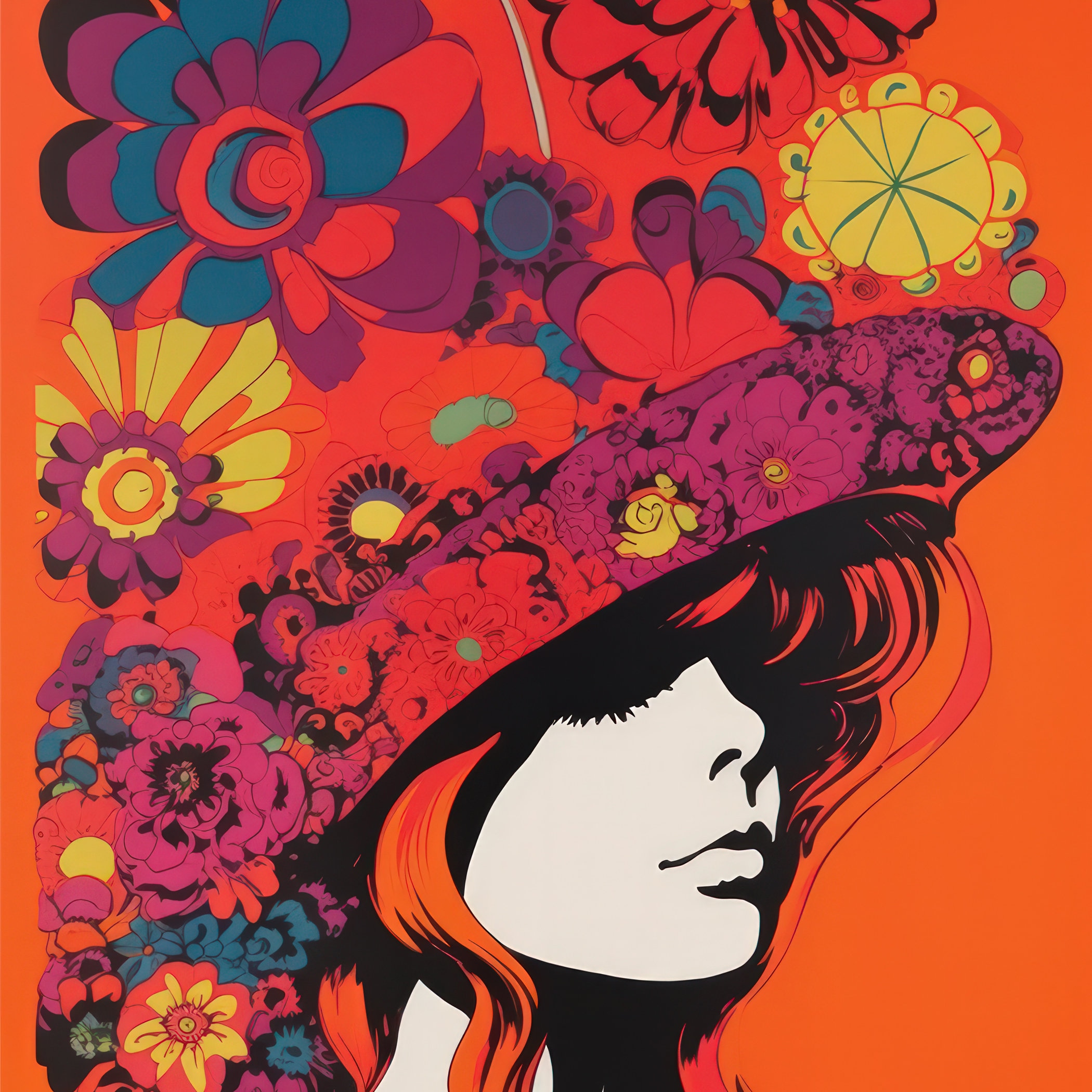 60s Psychedelic Woman Painting, 1960s Art Style, Floral Hippie Art ...