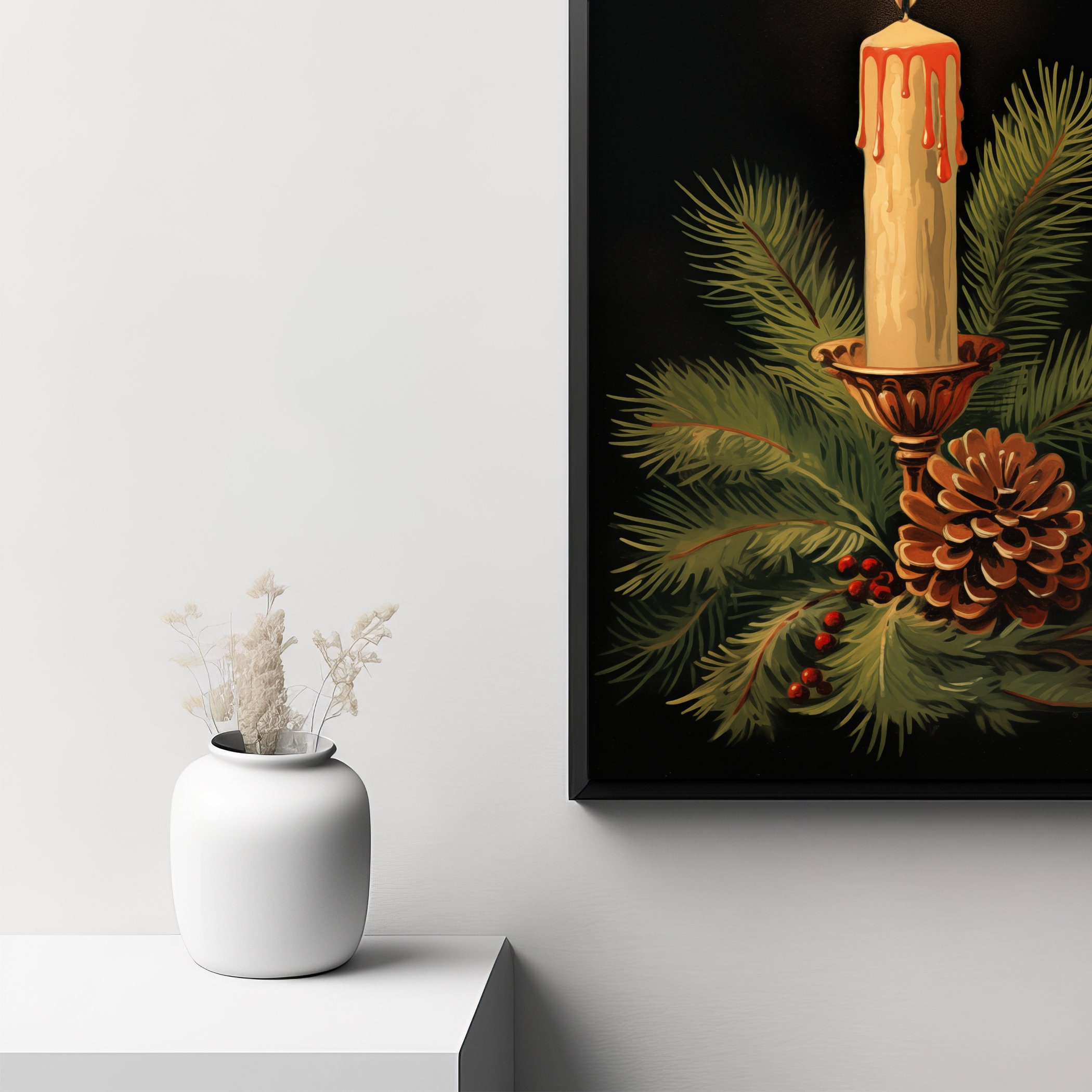 Christmas Wall Decor Printable Christmas Candle Painting, Holly Xmas ...