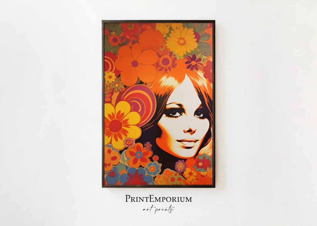 60s Flower Power Woman Poster, 1960s Art Style, Psychedelic Wall Decor ...